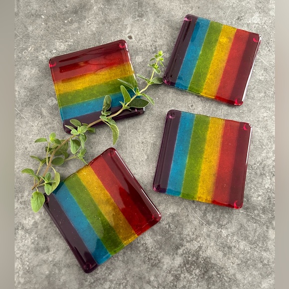 Kitchen | Set Of 4 Pride Rainbow Fused Glass Coasters | Poshmark